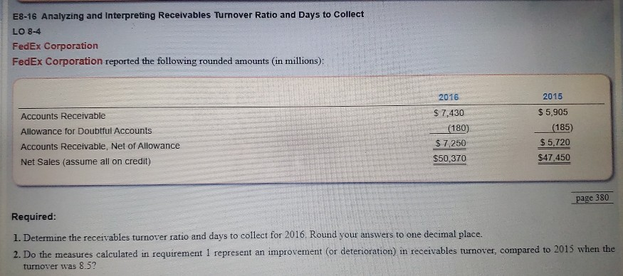 Solved E8-16 Analyzing and Interpreting Receivables Turnover | Chegg.com