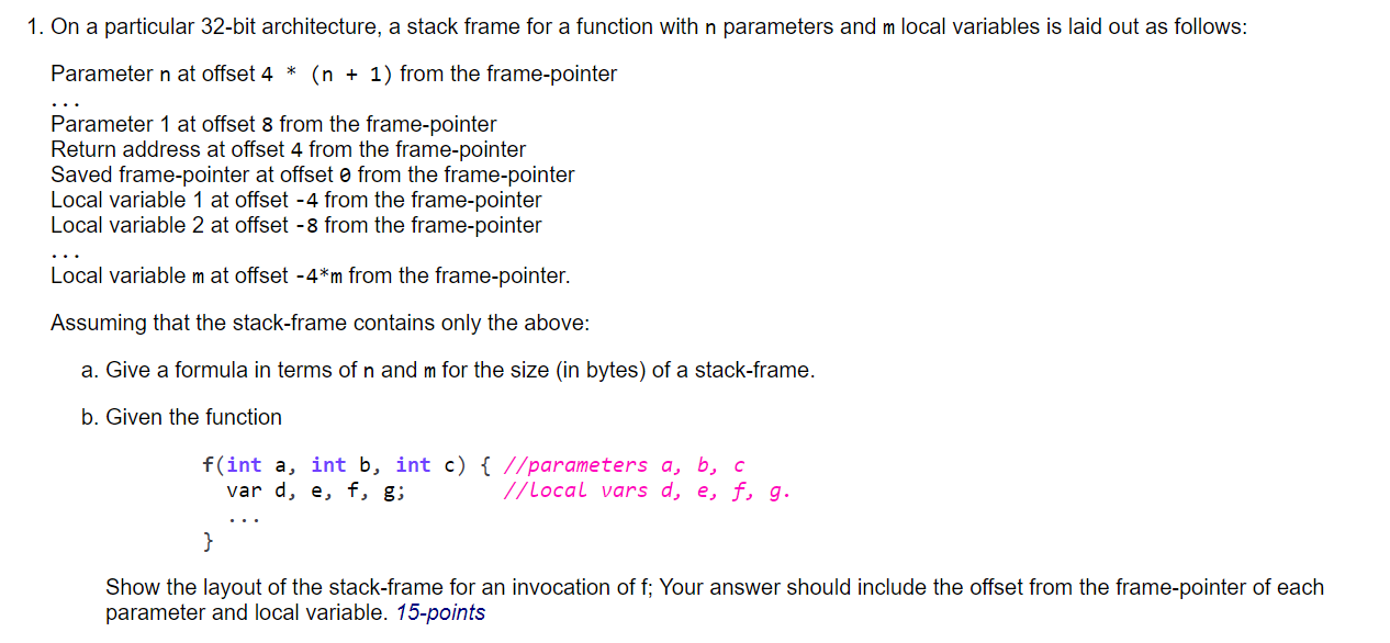 1. On a particular 32-bit architecture, a stack frame | Chegg.com