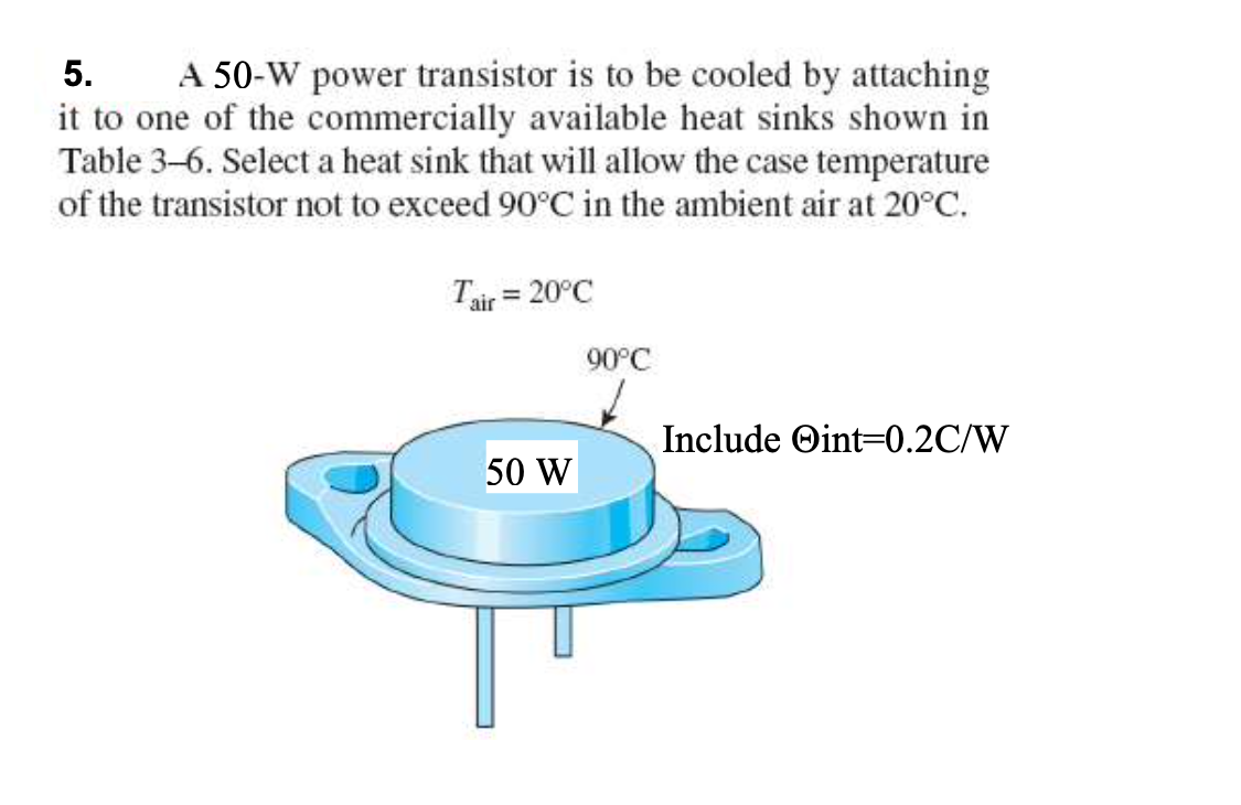 Solved 5. A 50-W power transistor is to be cooled by | Chegg.com