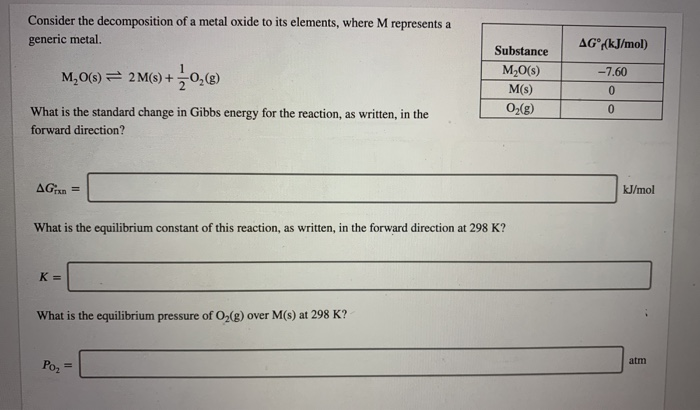 Solved Consider the decomposition of a metal oxide to its | Chegg.com