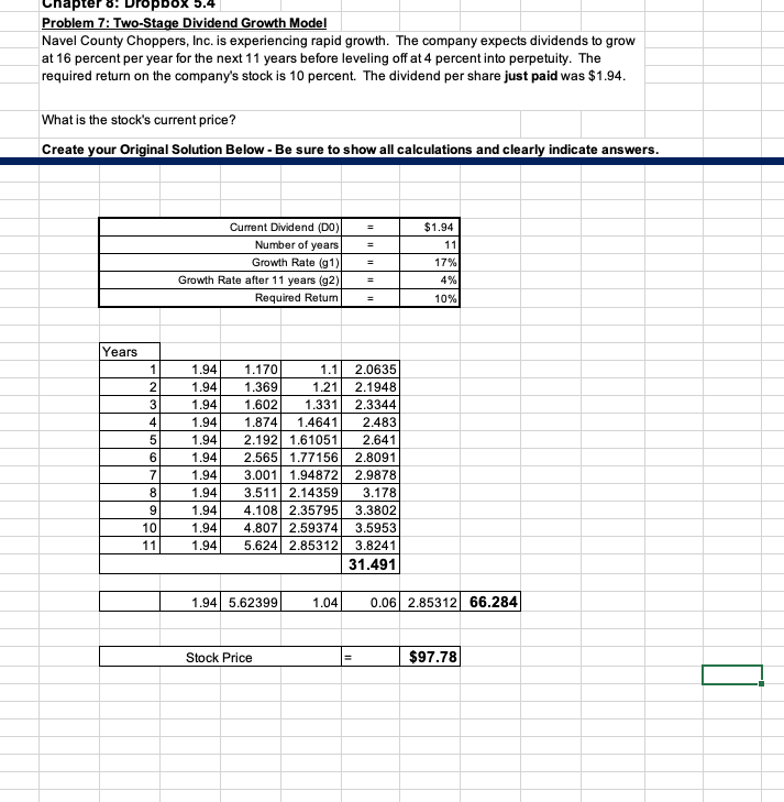 оррох Problem 7: Two-Stage Dividend Growth Model | Chegg.com