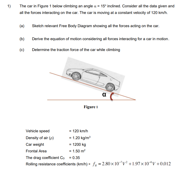 Solved 1) The car in Figure 1 below climbing an angle a = | Chegg.com