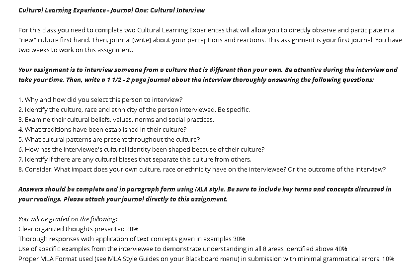 Solved Cultural Leoming Experience - Joumal One Cultural | Chegg.com