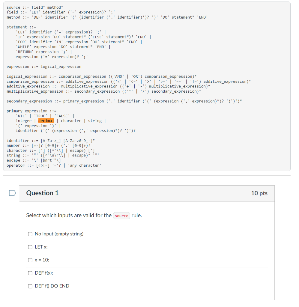 Solved Question 1 10 pts Select which inputs are valid for | Chegg.com