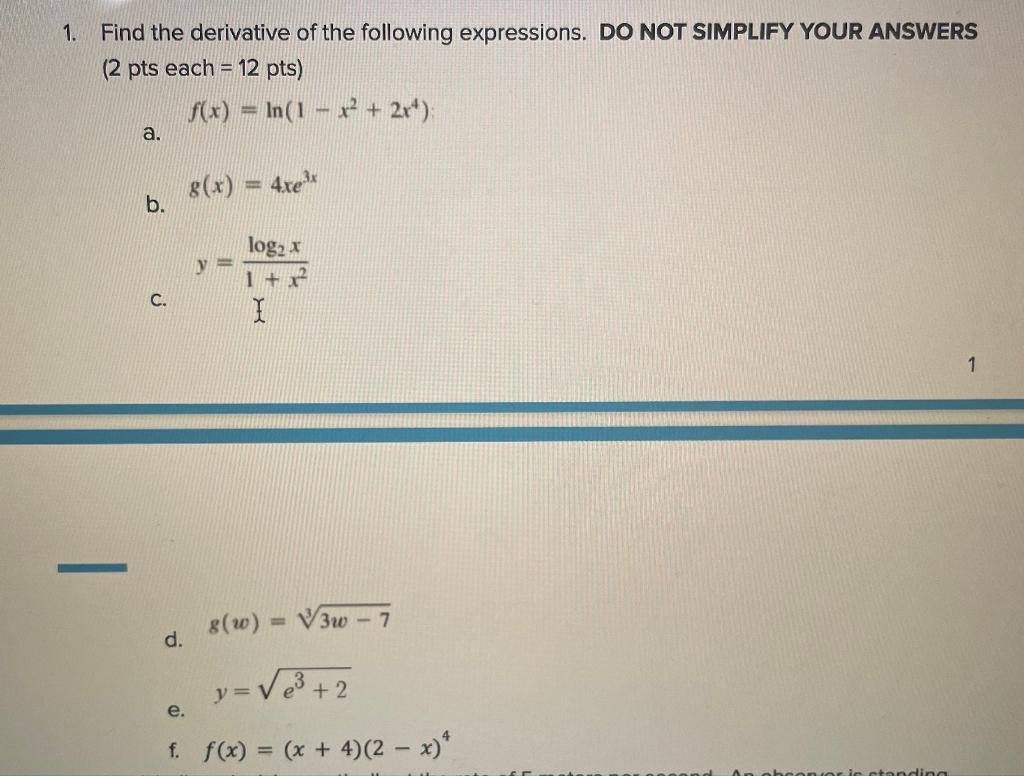 Solved 1. Find the derivative of the following expressions. | Chegg.com