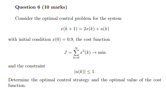 Consider the optimal control problem for the system | Chegg.com