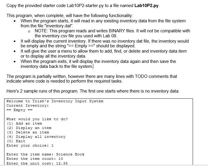 Solved . Copy the provided starter code Lab10P2-starter.py | Chegg.com