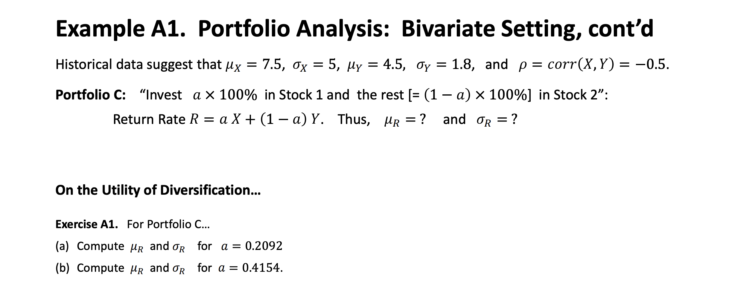 Solved Example A1. Portfolio Analysis: Bivariate Setting, | Chegg.com