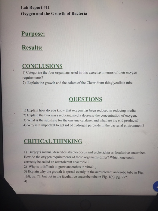 Lab Report #11 Oxygen and the Growth of Bacteria | Chegg.com