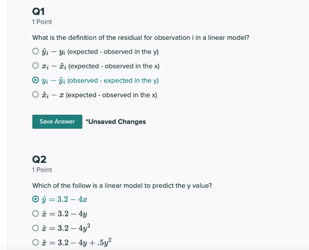 Solved Q1 1 Point What is the definition of the residual for | Chegg.com
