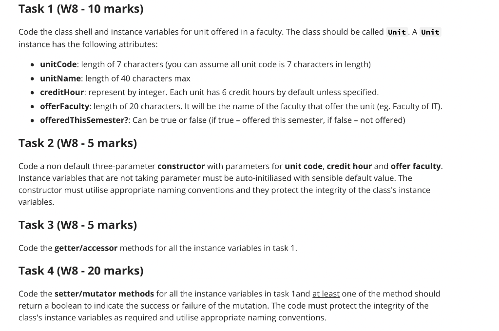 Solved Task 1 (W8 - 10 marks) Code the class shell and | Chegg.com