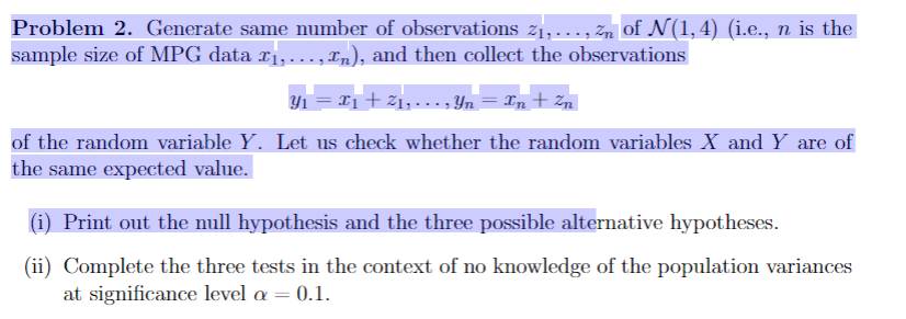 Problem 2. Generate same number of observations | Chegg.com