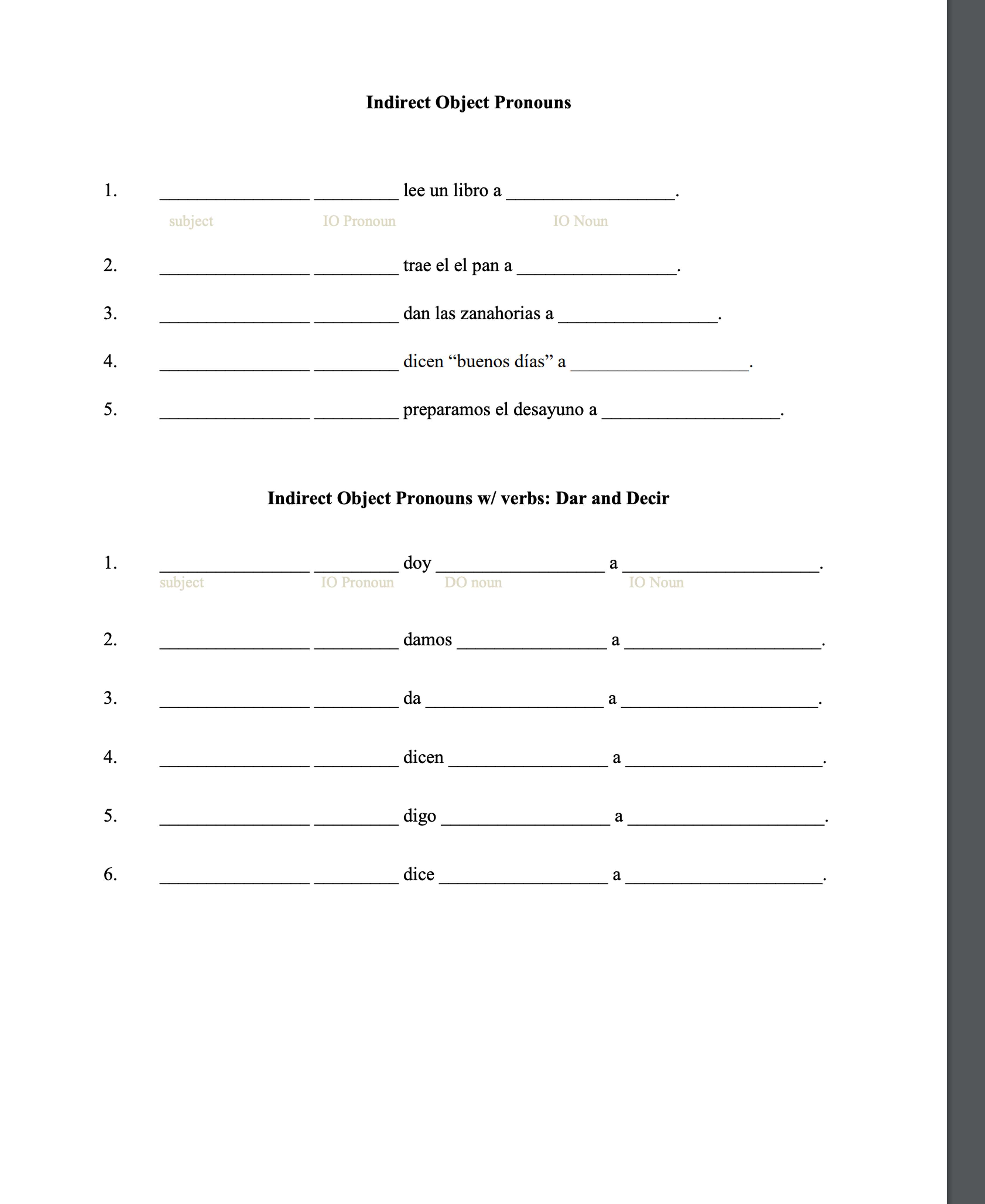 Indirect Object Pronounslee un libro apreparamos el | Chegg.com