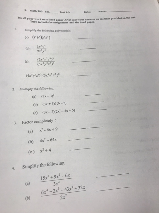 Solved 1. Math 980 See, Test 1-3 Names, Do all your work on | Chegg.com