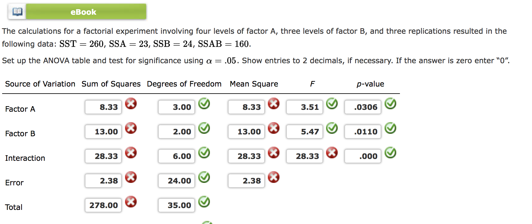 Solved eBook The calculations for a factorial experiment | Chegg.com