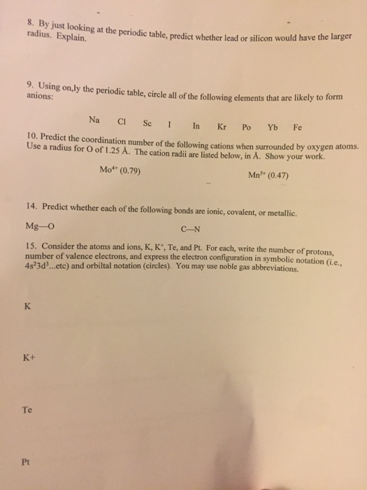 Solved 8 B Y Just Looking At The Periodic Table Predict Chegg
