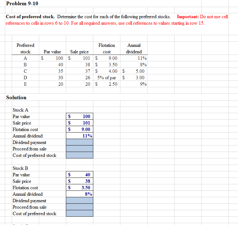 Solved Problem 9-10 Cost of preferred stock. Determine the | Chegg.com