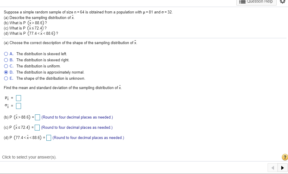 Solved Suppose a simple random sample size of n=64 is | Chegg.com