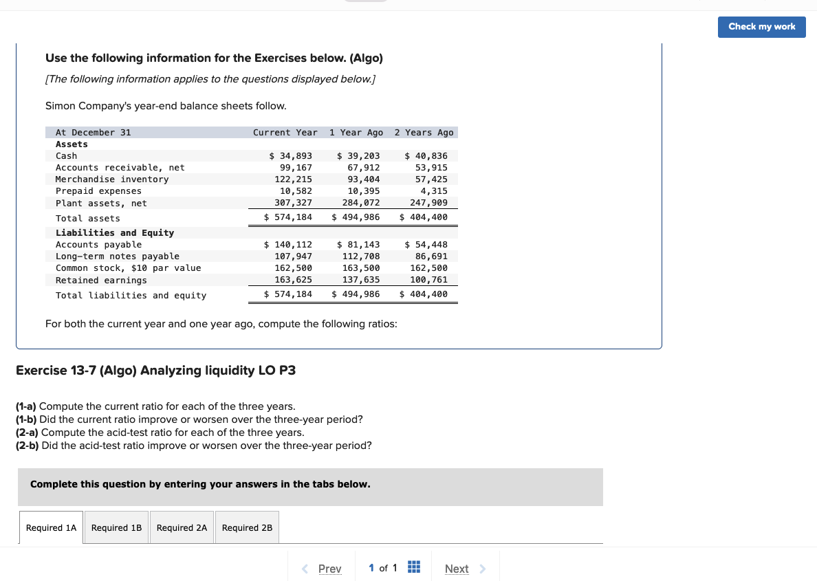 Solved Exercise 13-7 (Algo) Analyzing liquidity LO P3 | Chegg.com