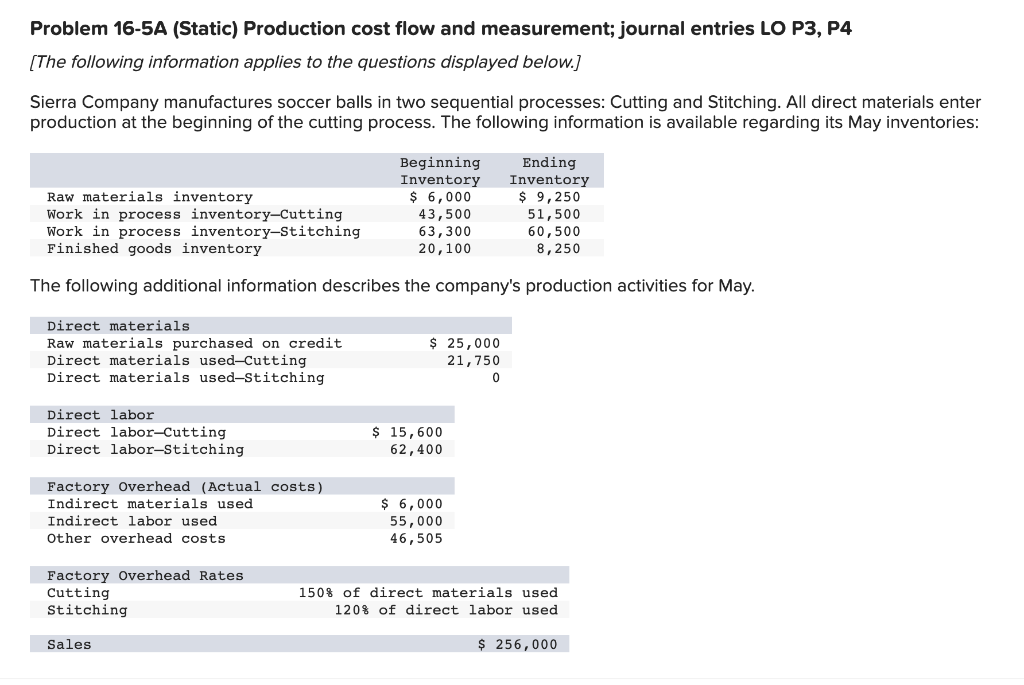 Solved Problem 16-5A (Static) Production cost flow and | Chegg.com
