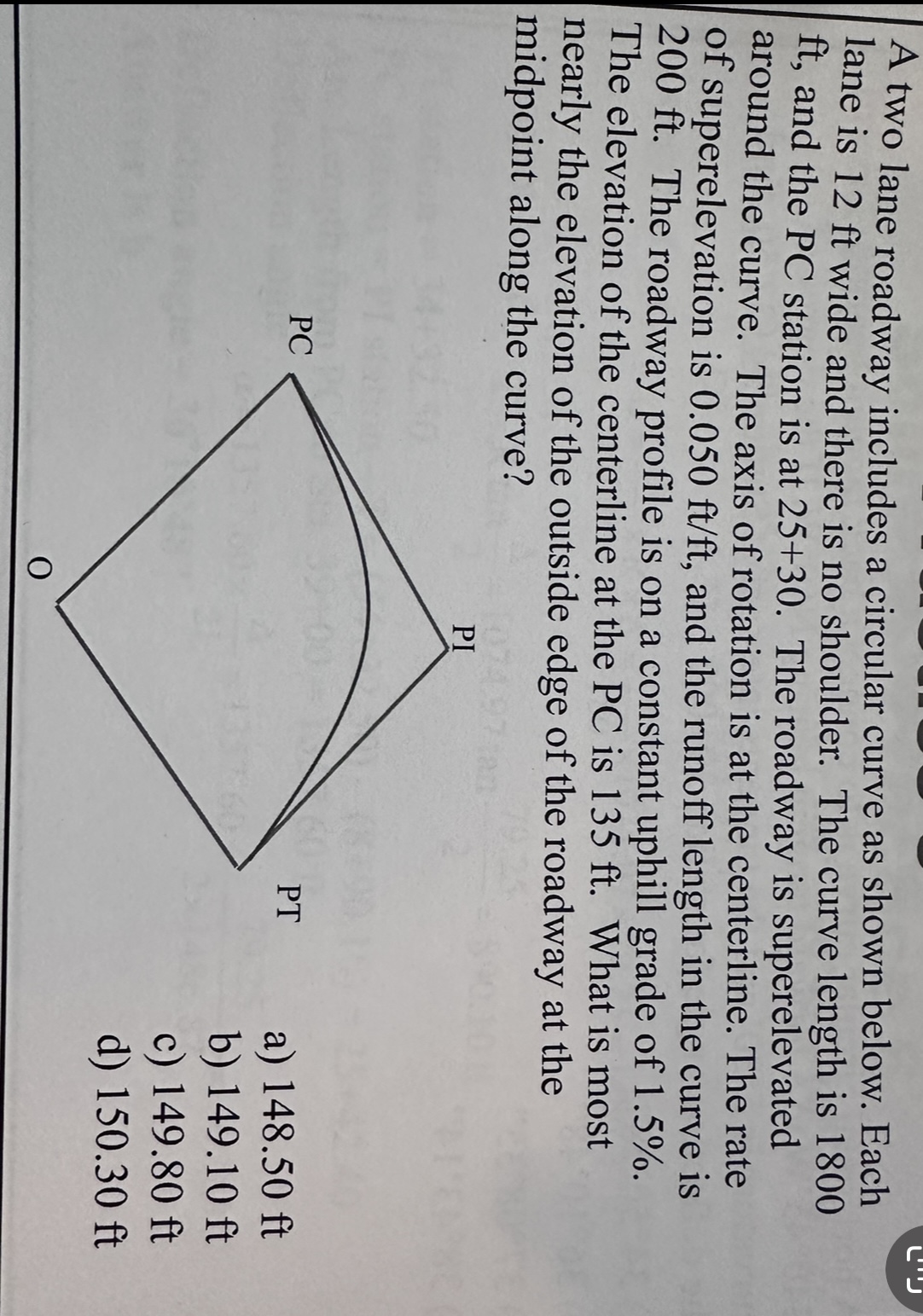 Solved A two lane roadway includes a circular curve as shown | Chegg.com