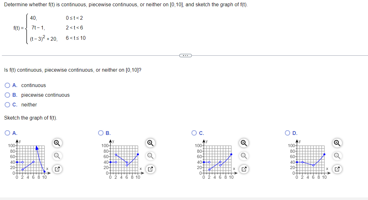 Solved Determine whether f(t) is continuous, piecewise | Chegg.com