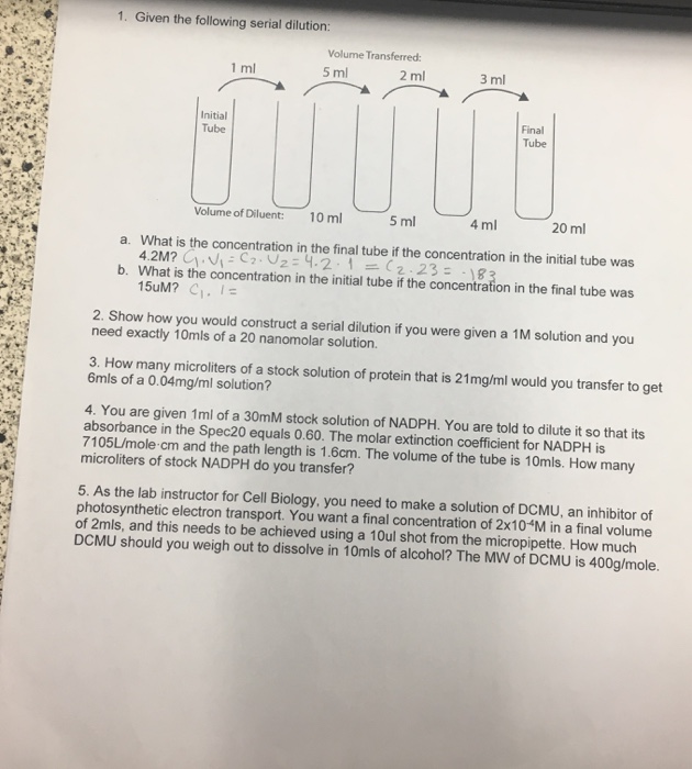 Solved 1. Given the following serial dilution: Volume | Chegg.com