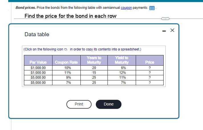 Solved Bond prices. Price the bonds from the following table | Chegg.com