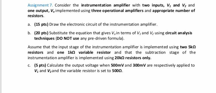 Solved Assignment 7. Consider the instrumentation amplifier | Chegg.com