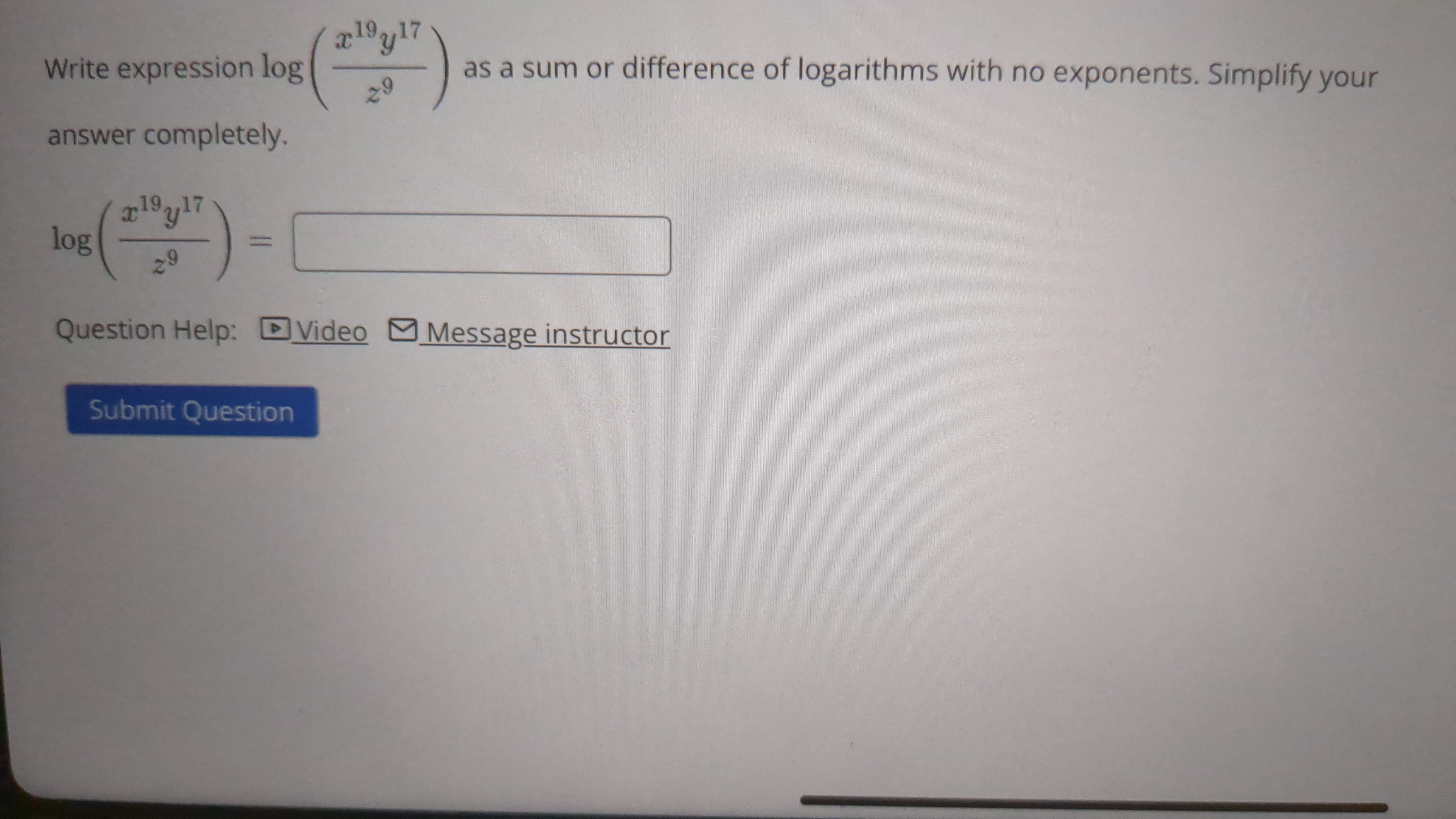 Solved Write expression log(z9x19y17) as a sum or difference | Chegg.com