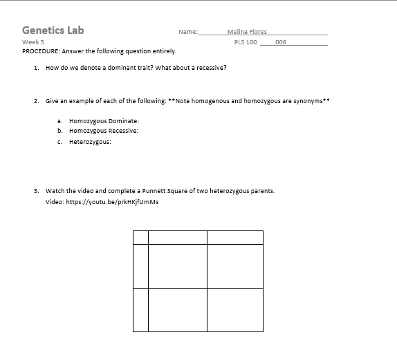 Solved Genetics Lab Name: Melina Flores Week 5 PLS 1000006 | Chegg.com