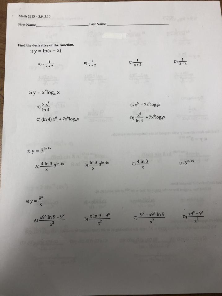 Solved Math 2413−3.9,3.10 First Name Last Name Find the | Chegg.com