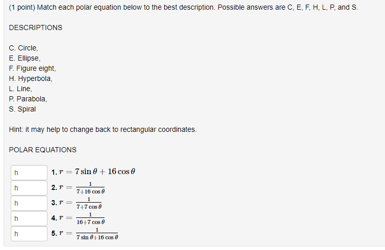 Solved (1 point) Match each polar equation below to the best | Chegg.com