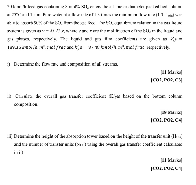 Solved 20kmol/h feed gas containing 8 mol%SO2 enters the a | Chegg.com