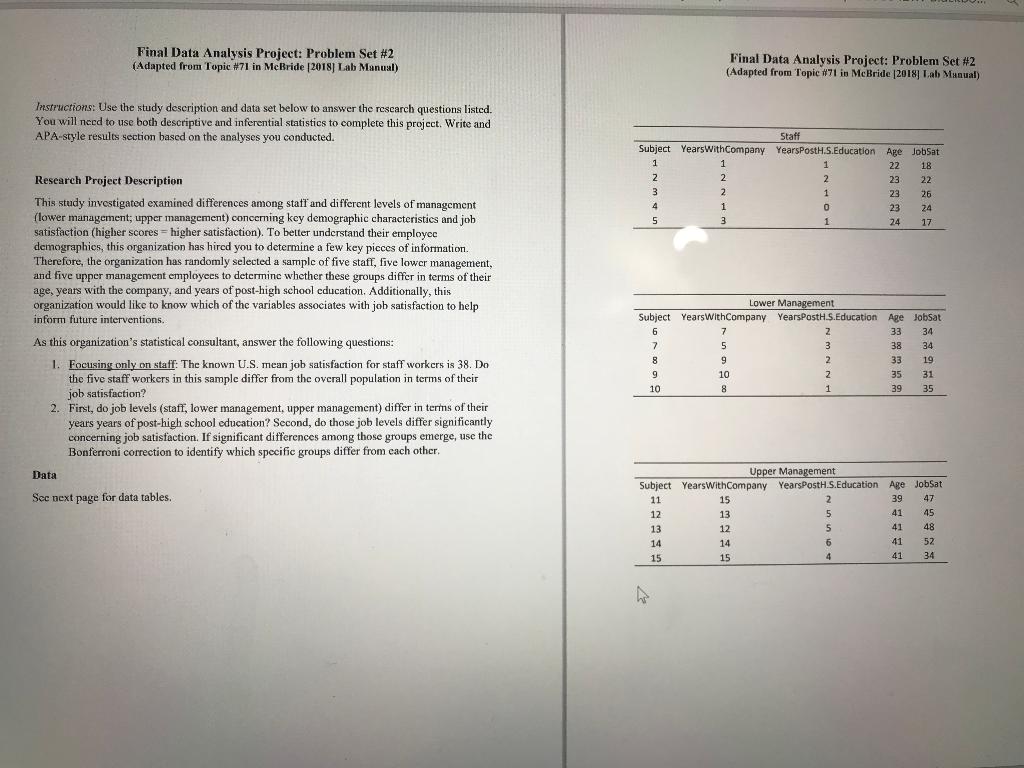 Solved Final Data Analysis Project: Problem Set #2 (Adapted | Chegg.com