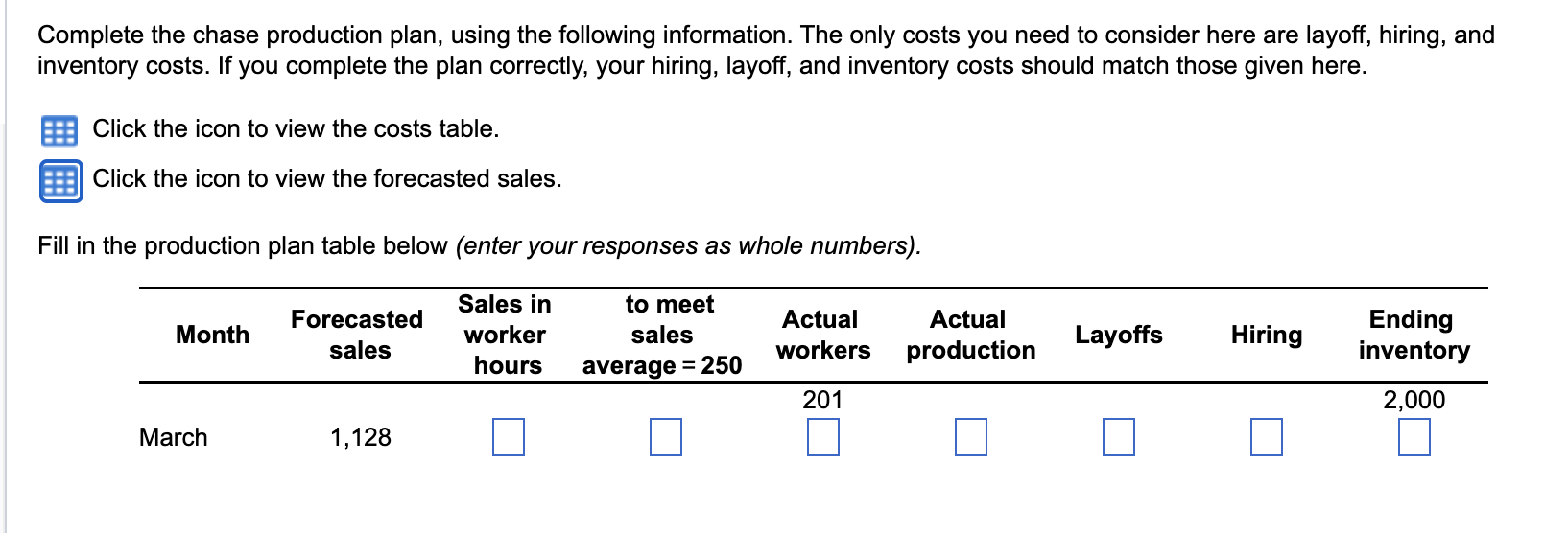Complete the chase production plan, using the | Chegg.com