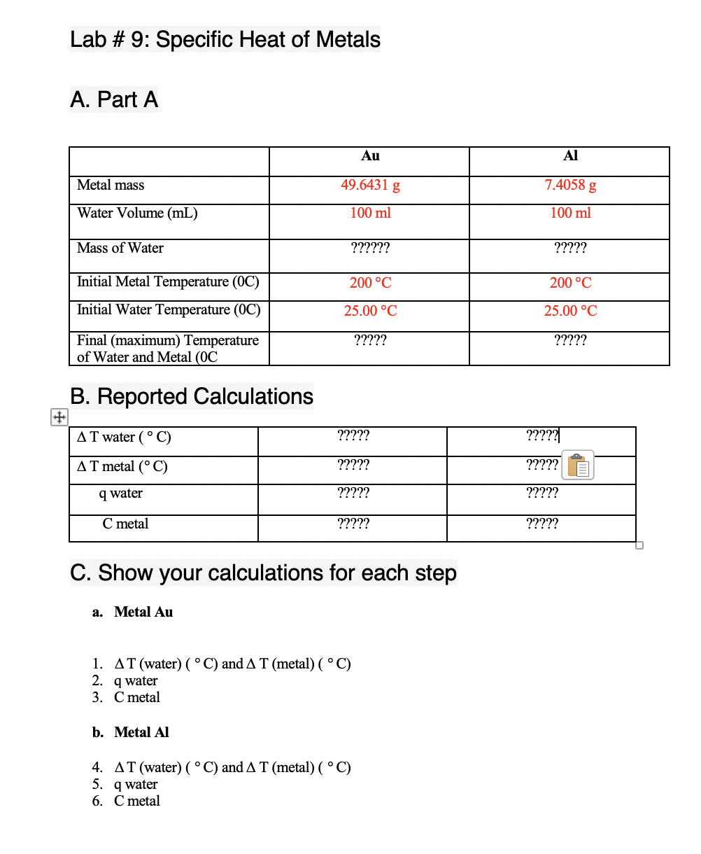 Solved Lab # 9: Specific Heat of Metals A. Part A Au ΑΙ | Chegg.com