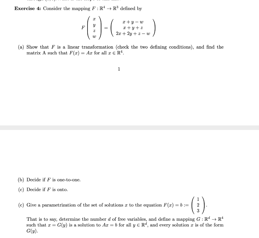 Solved Exercise 4: Consider the mapping F: R4 → R3 defined | Chegg.com