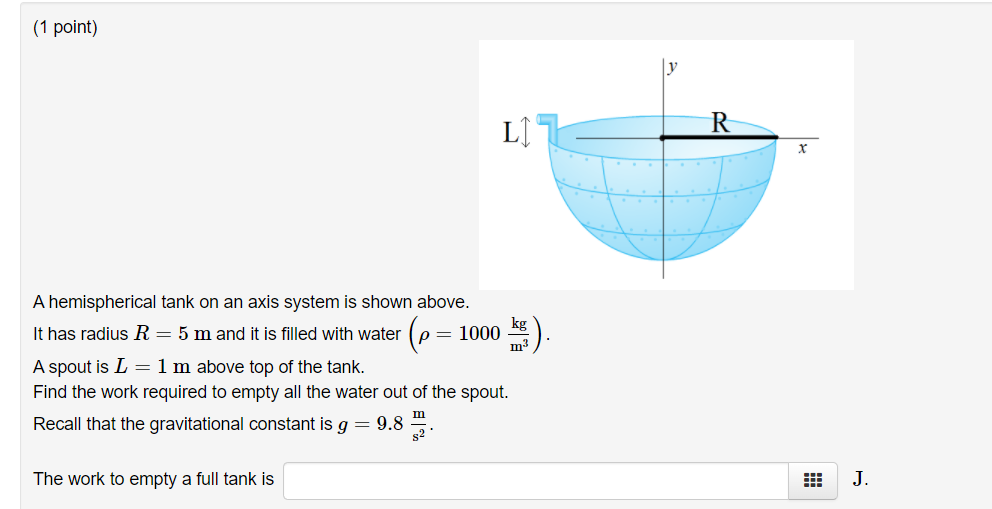 Solved (1 point) y LI R X le ht) A hemispherical tank on an | Chegg.com
