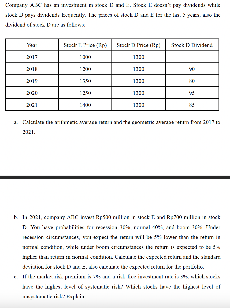 Solved Company ABC has an investment in stock D and E. Stock | Chegg.com