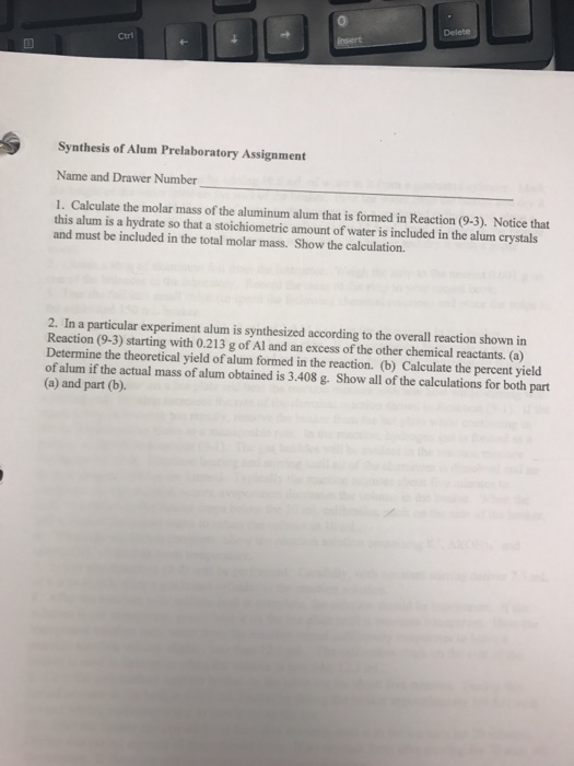 Solved Ctri Synthesis of Alum Prelaboratory Assignment Name | Chegg.com