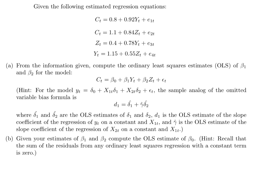Solved Given the following estimated regression equations: | Chegg.com