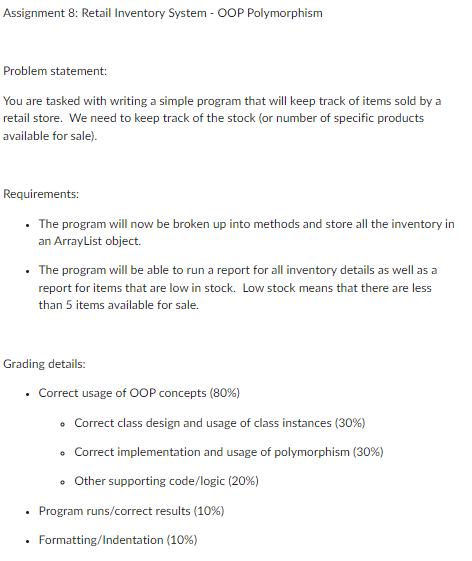 Solved Assignment 8: Retail Inventory System - OOP | Chegg.com