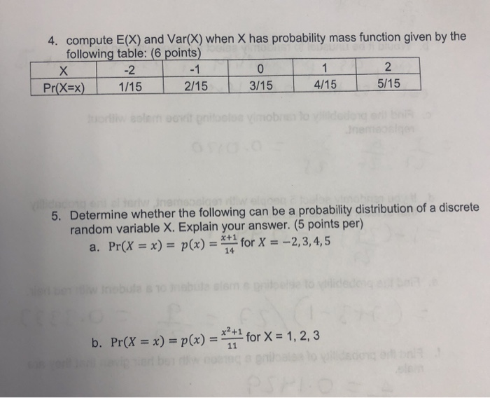 Solved compute E(X) and Var(X) when X has probability mass | Chegg.com