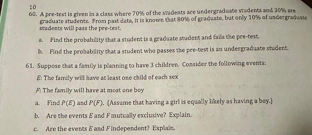 Solved 10 60. A pre-test is given in a class where 70% of | Chegg.com