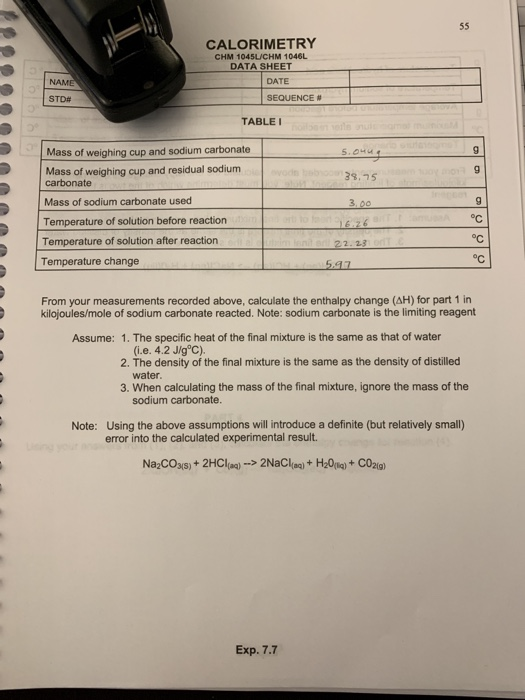 CALORIMETRY CHM 1045L/CHM 1046L DATA SHEET NAME DATE | Chegg.com