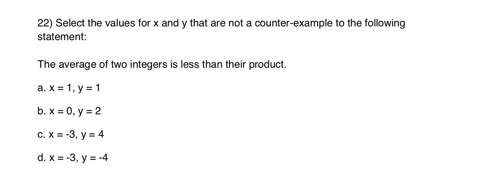 Solved 22) Select the values for x and y that are not a | Chegg.com