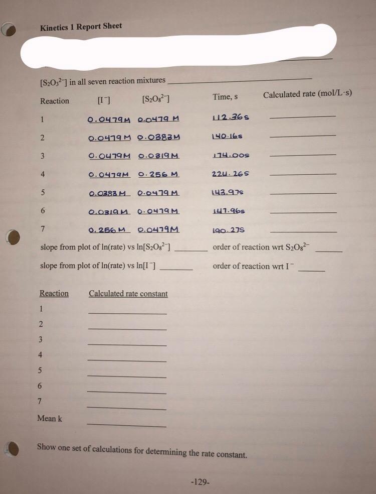 Kinetics 1 Report Sheet [S2O32-) in all seven | Chegg.com