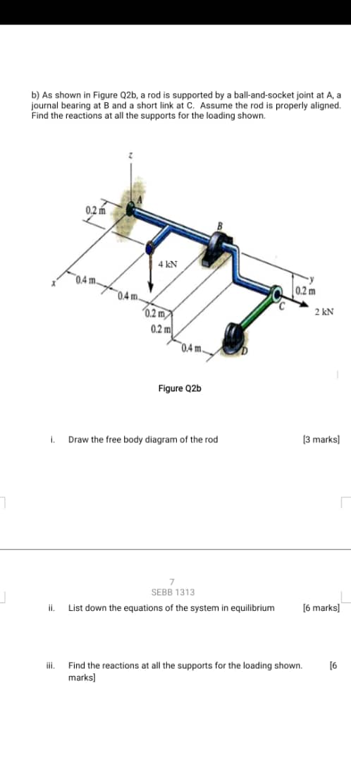 Solved b) As shown in Figure Q2b, a rod is supported by a | Chegg.com