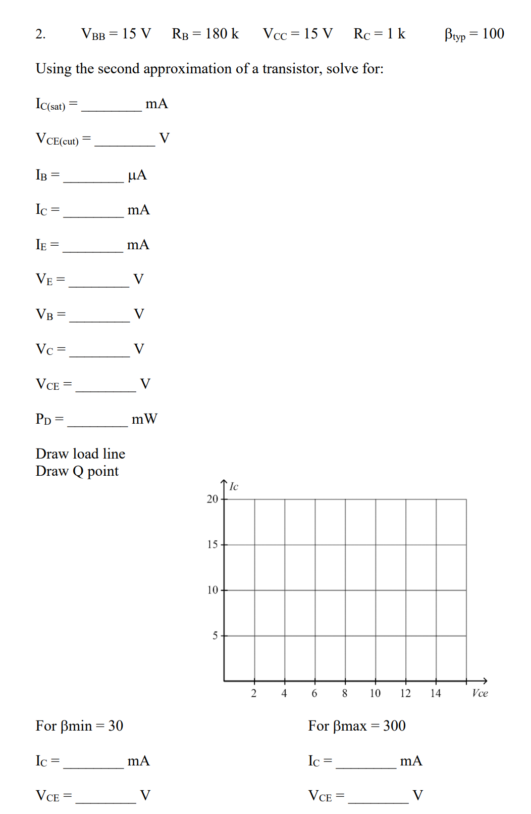 Solved VBB = 15 ﻿V R B = 180 ﻿k VCC = 15 ﻿V R C = 1 ﻿k βtyp | Chegg.com